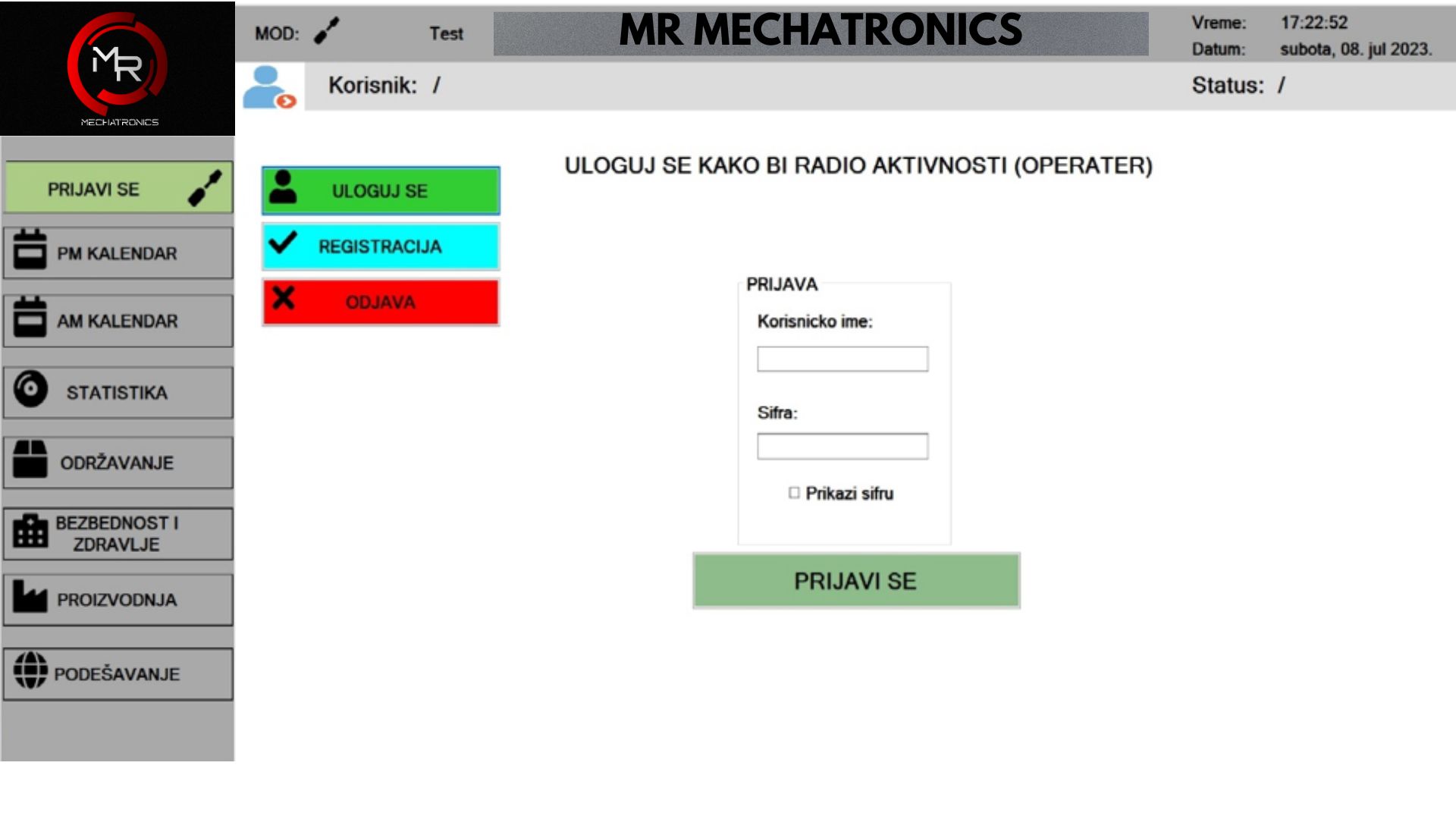 Software for intelligent machine maintenance / Software / Page - MR Mechatronics Kragujevac